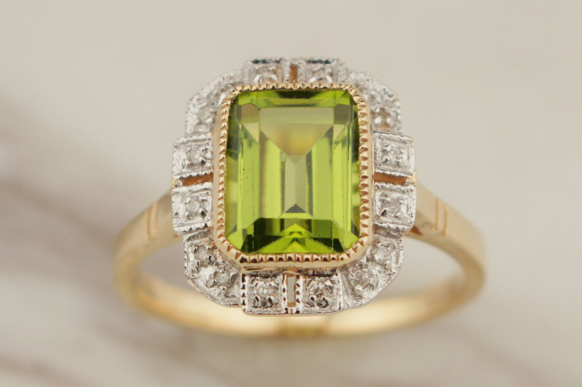 MODERN ART DECO STYLE PERIDOT & DIAMOND RING 9ct YELLOW GOLD - Rock ...
